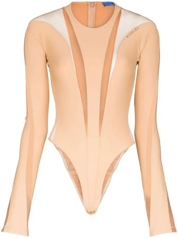 MUGLER Panelled Long-sleeve Sheer Bodysuit - Neutrals