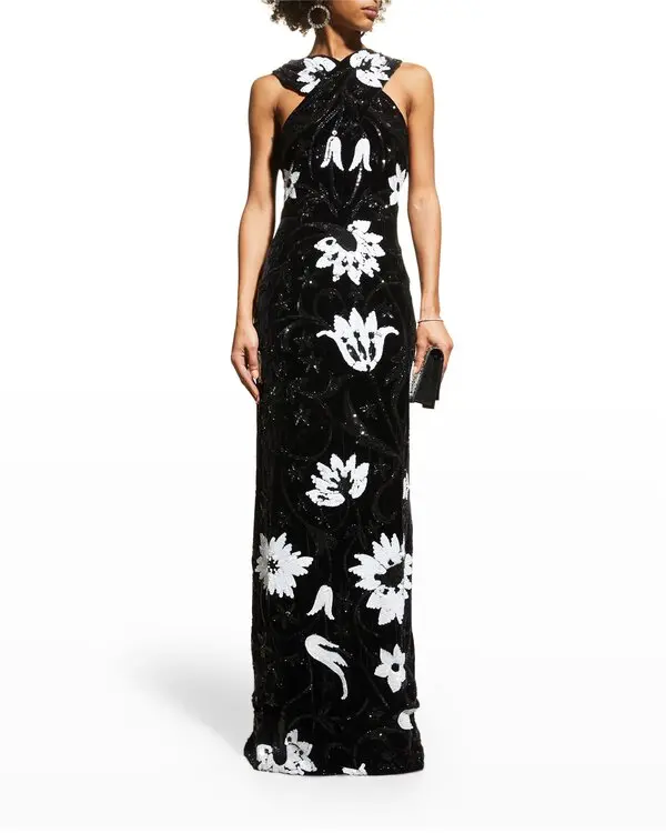 Naeem Khan Floral Sequin Twist-back Velvet Gown
