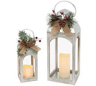 GERSON INTERNATIONAL S/2 18-in Lighted Metal & Wood Lanterns Gers N Co