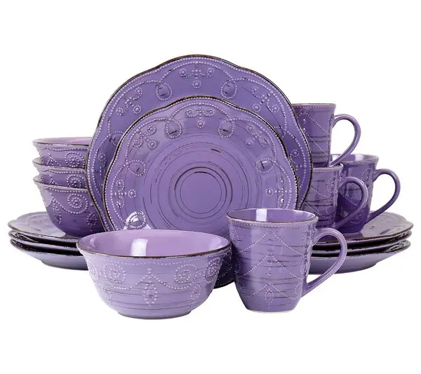 ELAMA Rustic Birch 16-piece Stoneware Dinnerwar E Set In Purpl