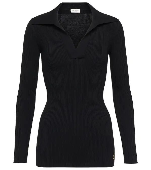 Saint Laurent Ribbed-knit Polo Sweater - Black