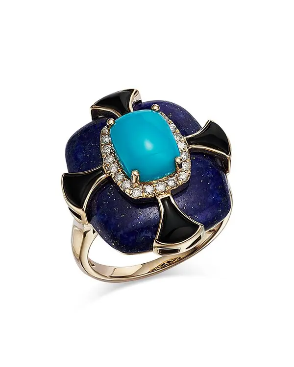 Bloomingdale'S 14k Yellow Gold, Turquoise, Onyx, Lapis Lazuli & Diamond Ring