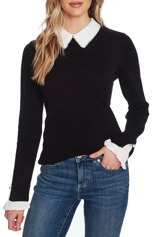 CECE DUPRAZ Imitation Pearl Peter Pan Collar Cotton Sweater - Rich Black