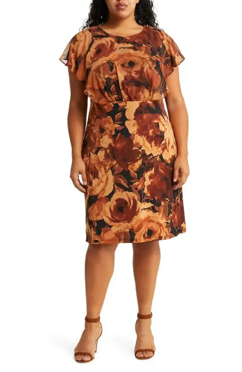 Connected Apparel Floral Chiffon Cape Overlay Midi Dress - Spice |  Editorialist