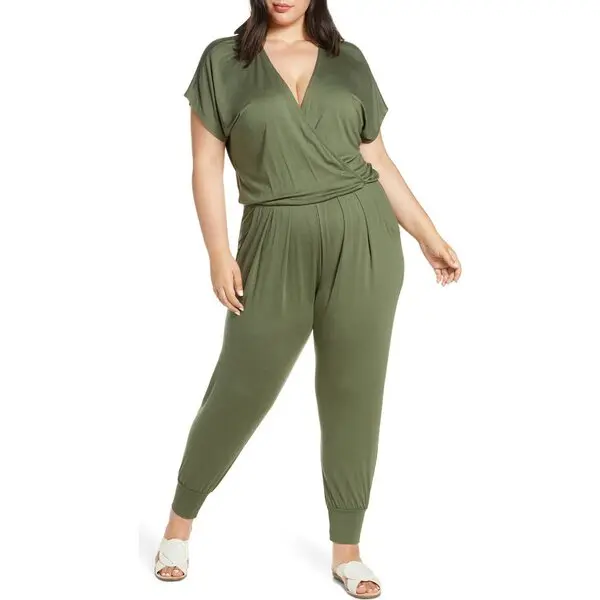 Loveappella Short Sleeve Wrap Top Jumpsuit - Olive