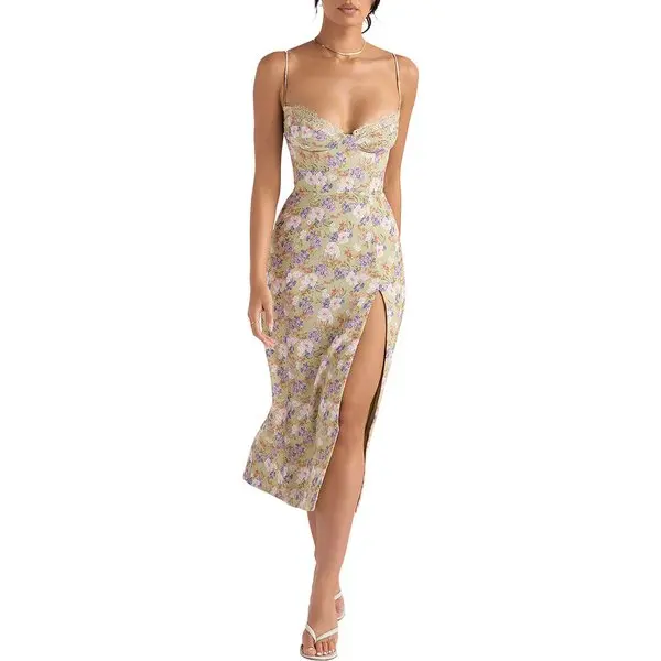 House Of Cb Corset Crepe Midi Sundress - Peony Print