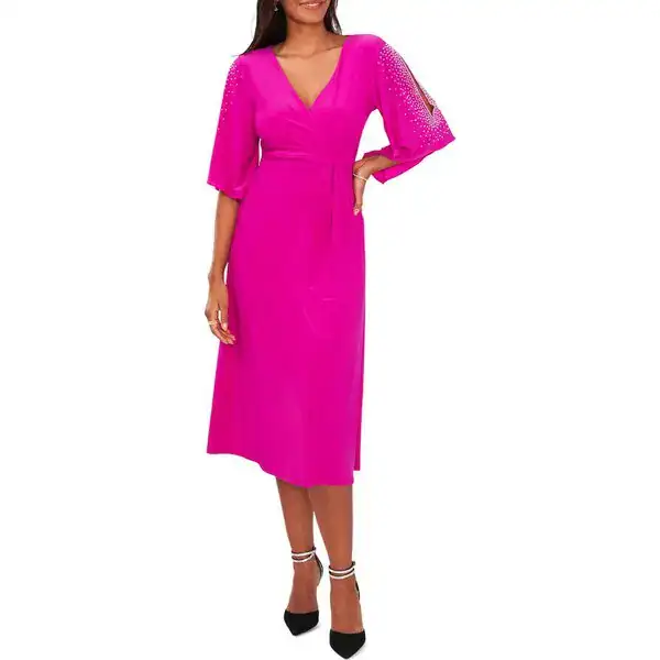 Chaus Embellished Faux Wrap Midi Dress - Berry Pink | Editorialist