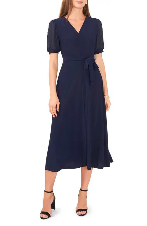 Chaus Clip Dot Puff Sleeve Tie Front Midi Dress - Jbs Navy