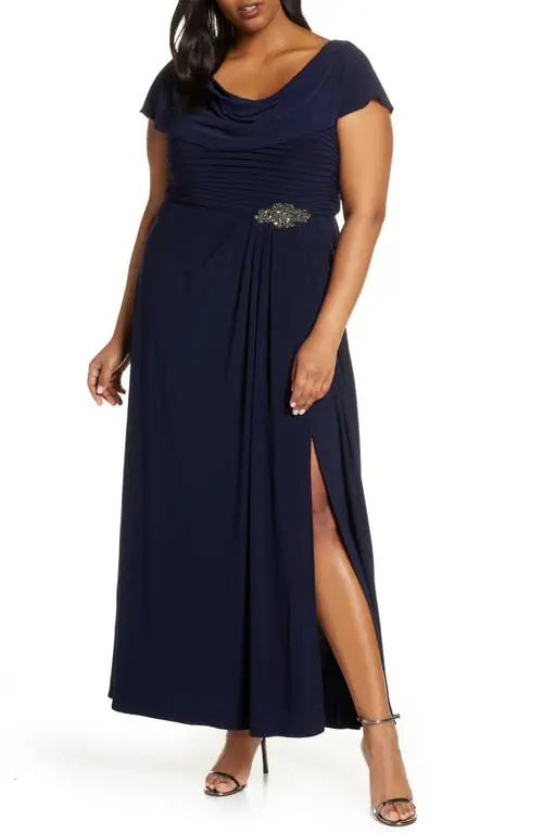 Alex Evenings Cowl Neck Beaded Waist Gown - Navy