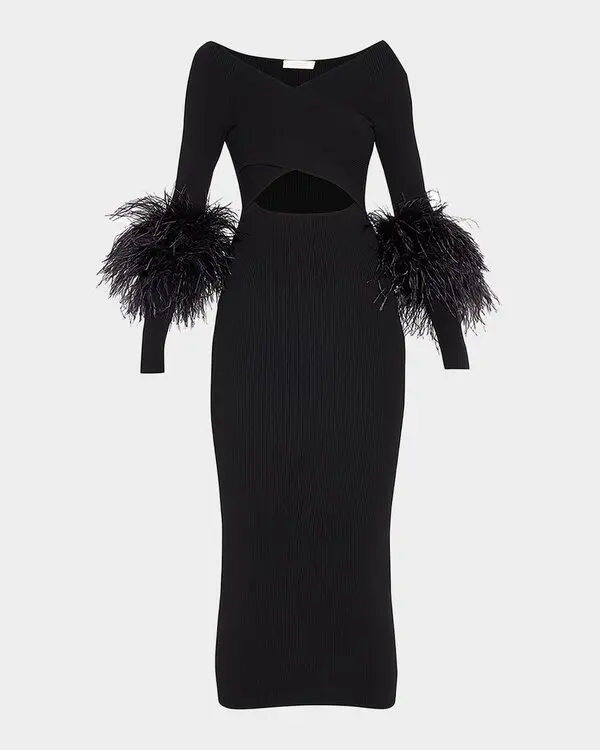 Lapointe Criss-cross Cutout Midi Dress With Feather Trim - Black