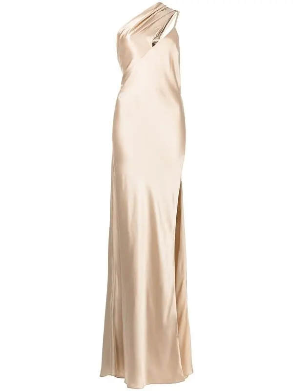 Michelle Mason Side-slit One-shoulder Gown - Gold