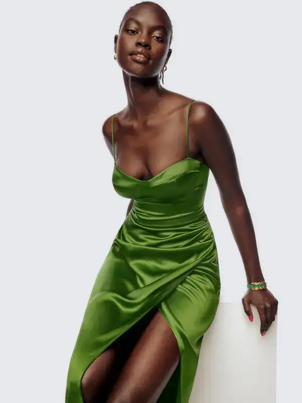 knee length dresses for ladies Rent Reformaion Casette Silk Midi Dress in Artichoke main image 0