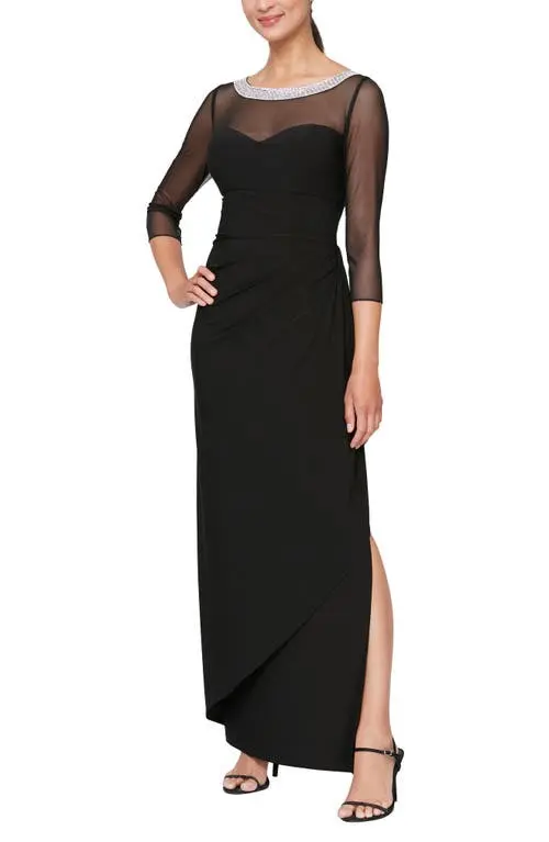 Alex Evenings Illusion Sleeve Side Ruched Gown - Black