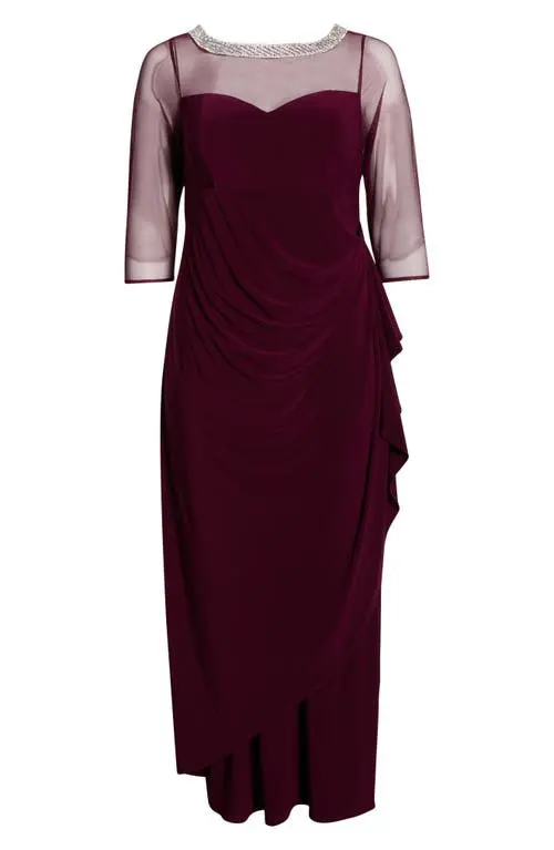 Alex Evenings Illusion Sleeve Side Ruched Gown - Fig