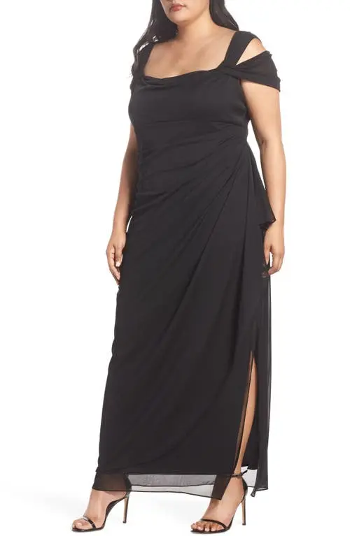 Alex Evenings Cold Shoulder Ruffle Gown - Black
