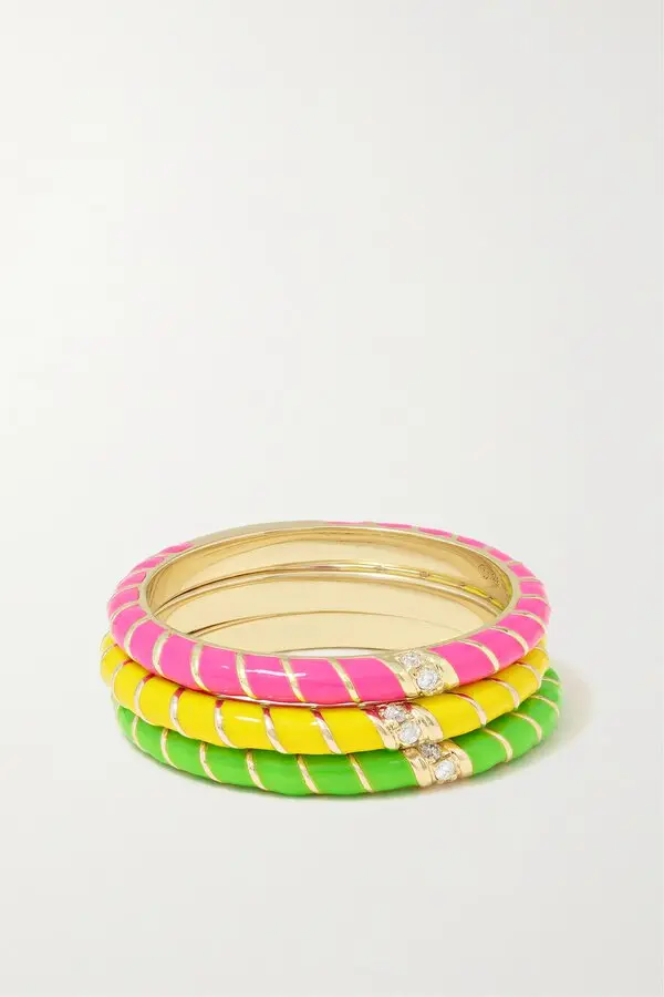 Yvonne Léon Alliance Set Of Three 9-karat Enamel, And Diamond Stacked Rings