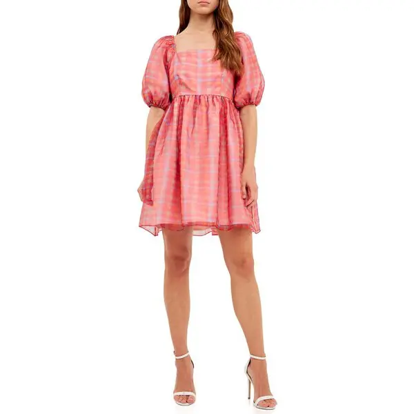 Endless Rose Checker Print Puff Sleeve Babydoll Minidress