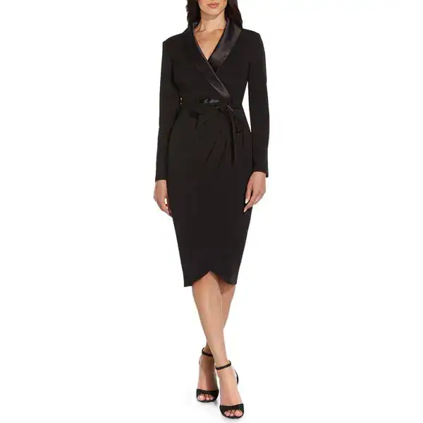 Adrianna Papell Long Sleeve Crepe Tuxedo Dress - Black | Editorialist