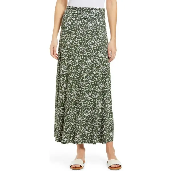 Loveappella Printed Maxi Skirt With Roll Top - Sage/ivory