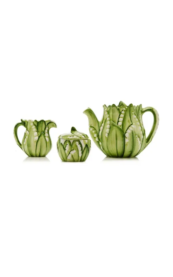 MODA DOMUS Lily Of The Valley Ceramic Teapot; Cream; And Sugar Set - Green