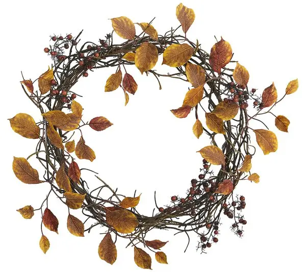 NEARLY NATURAL 19' Harvest Leaf, Berries & Twig Wreath