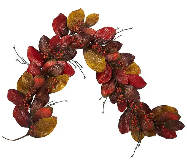 NEARLY NATURAL 6' Autumn Magnolia Leaf With Ber Ies Garland