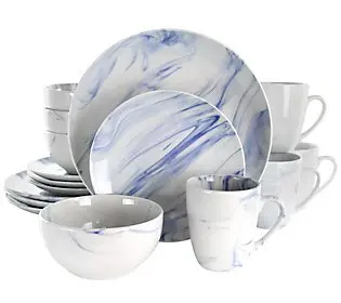 ELAMA Marble 16-piece Blue And White Stoneware Dinnerware Set