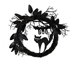 NEARLY NATURAL 22' Halloween Black Cat & Bat Bo O Twig Wreath