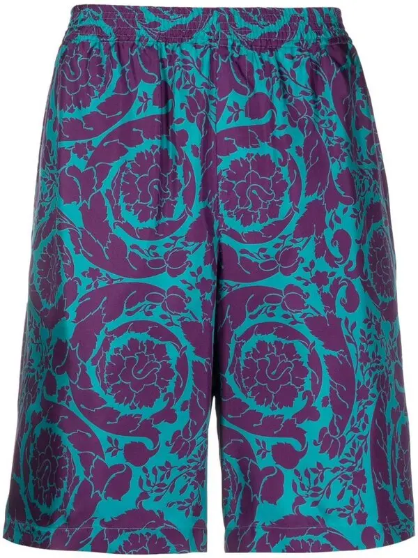 Versace Barocco Silhouette-print Silk Shorts - Blue