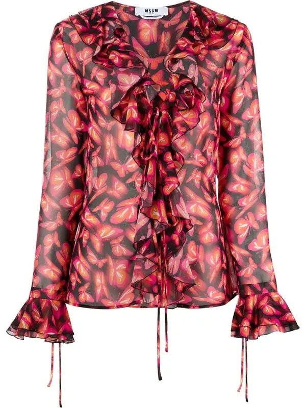 MSGM Graphic-print Ruffle-detail Blouse - Black