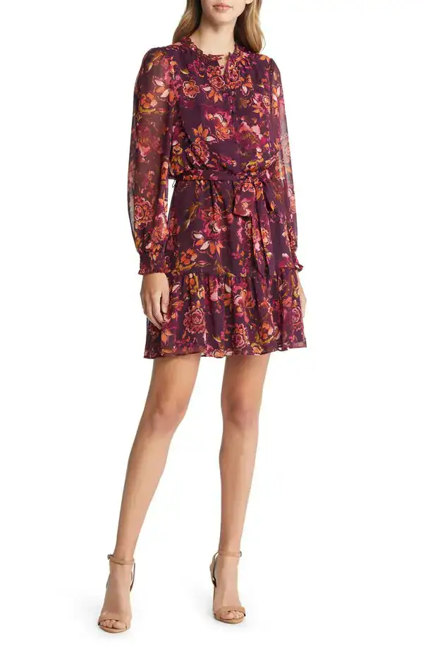Vince Camuto Floral Long Sleeve Chiffon Fit And Flare Dress In