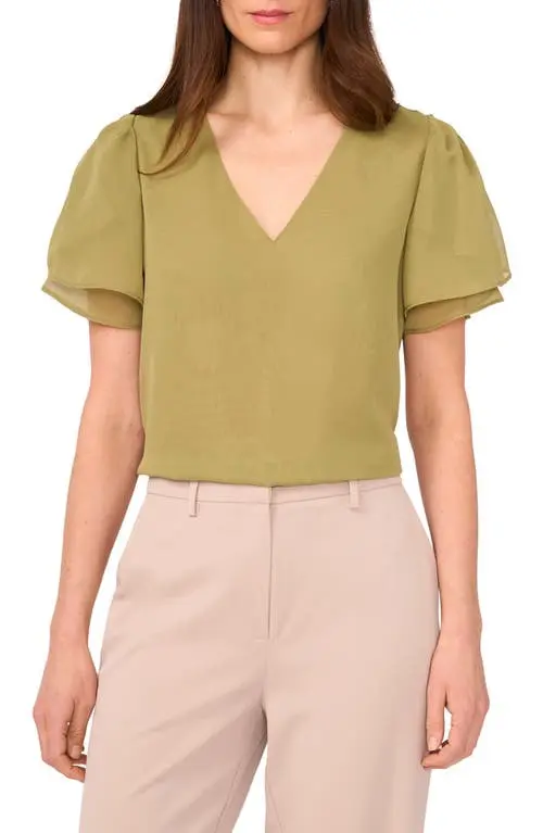 Vince Camuto V-neck Tulip Sleeve Chiffon Top - Moss Green