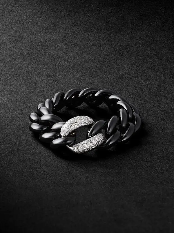 Shay Link Medium 18-karat White Gold, Ceramic And Diamond Ring - Black