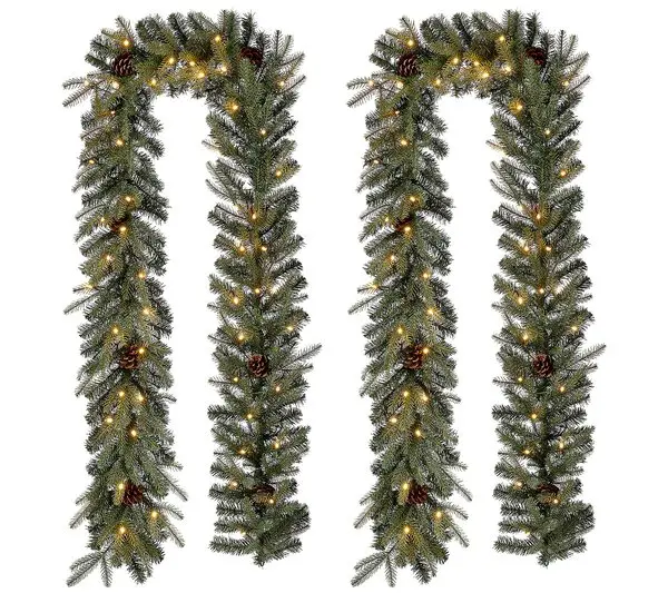 GLITZHOME Set Of 2 9ft Greenery Pine Cone Garla Nd W/led Lights