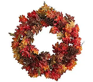 NEARLY NATURAL 24 Autumn Maple, Berries & Pinecone Wreath