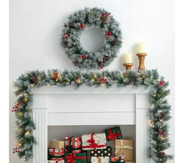 GLITZHOME 9' Pre-lit Greenery Red Berries Chris Mas Garland
