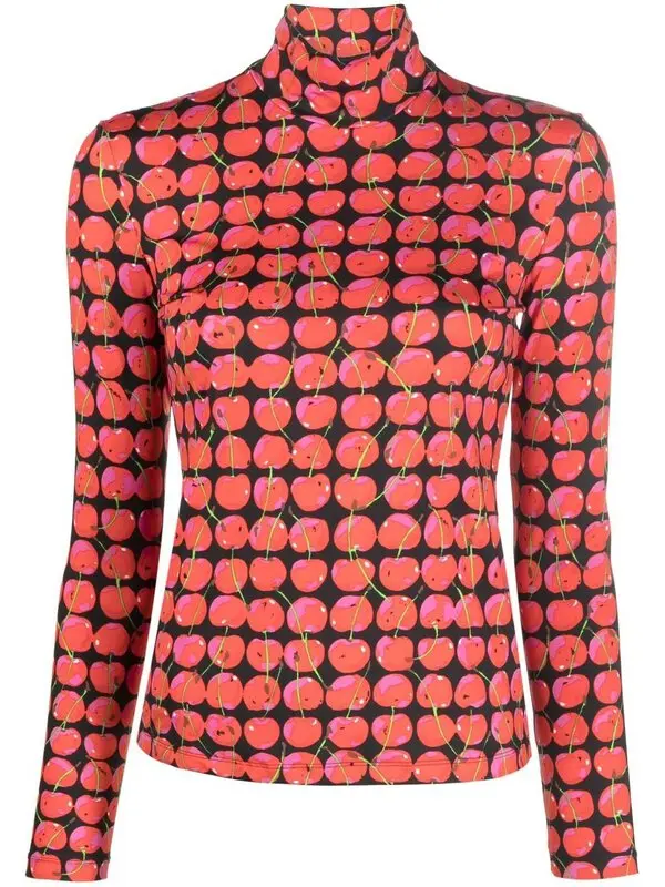 La DoubleJ Cherry-print Turtleneck Top - Black