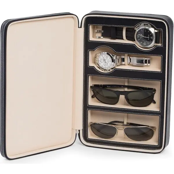 BEY-BERK Two-watch & Two-sunglasses Leather Travel Case