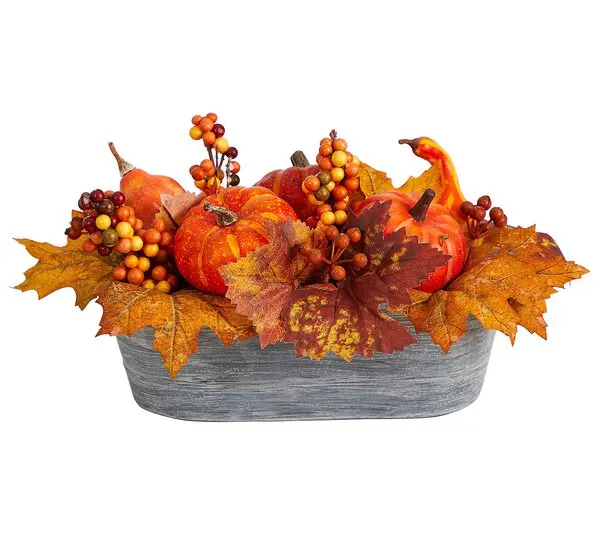 NEARLY NATURAL 12' Fall Pumpkin And Berries Har Vest In Vase