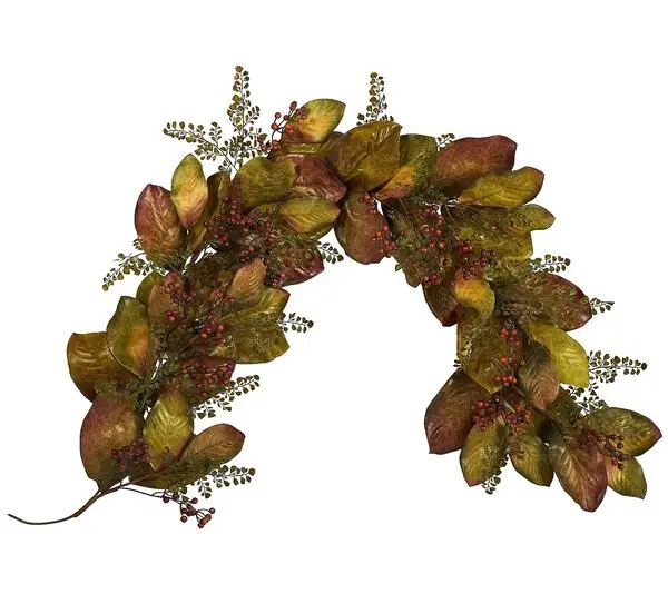 NEARLY NATURAL 6' Autumn Magnolia Leaf And Berr Es Garland