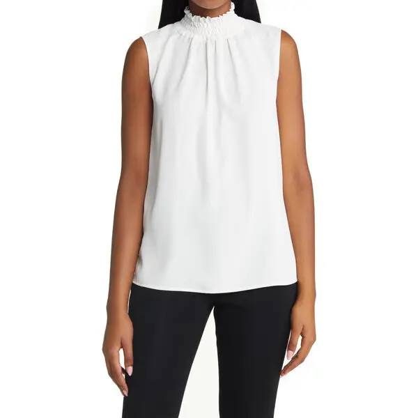Ming Wang Smocked Mock Neck Sleeveless Blouse - White