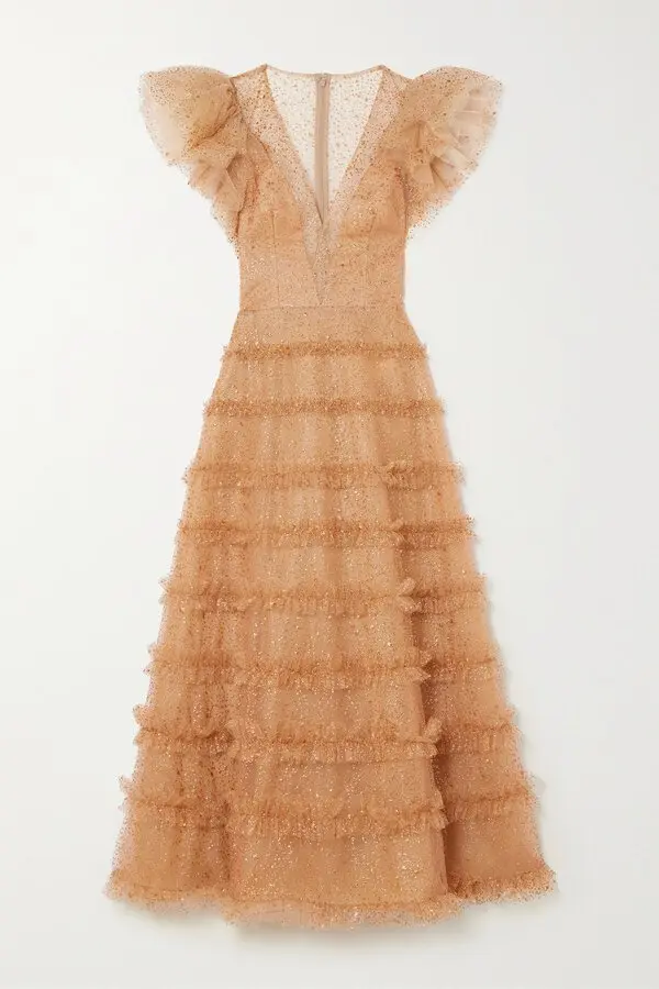 Costarellos Nixie Tiered Glittered Tulle Midi Dress In Neutrals