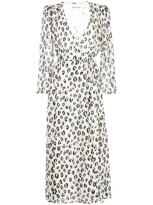 REFORMATION Melba Leopardprint Midi Dress White Editorialist