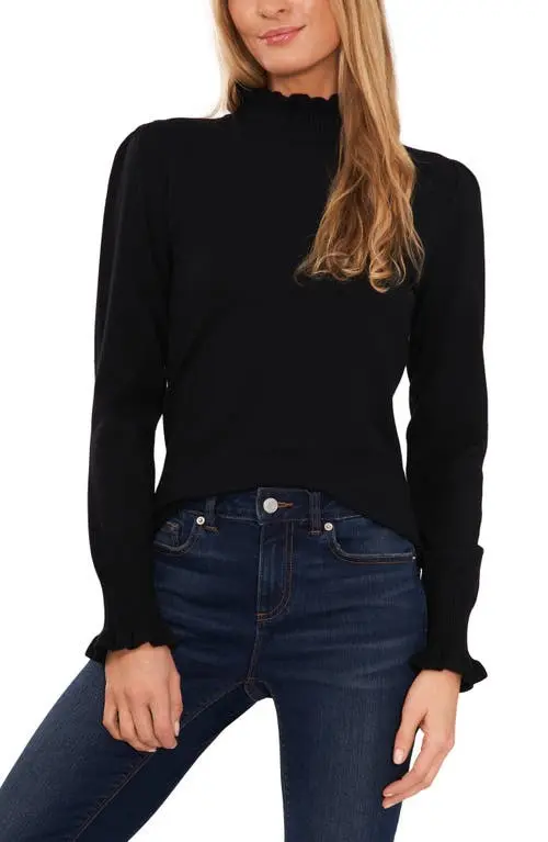 CECE DUPRAZ Ruffle Mock Neck Long Sleeve Pullover Sweater - Rich Black