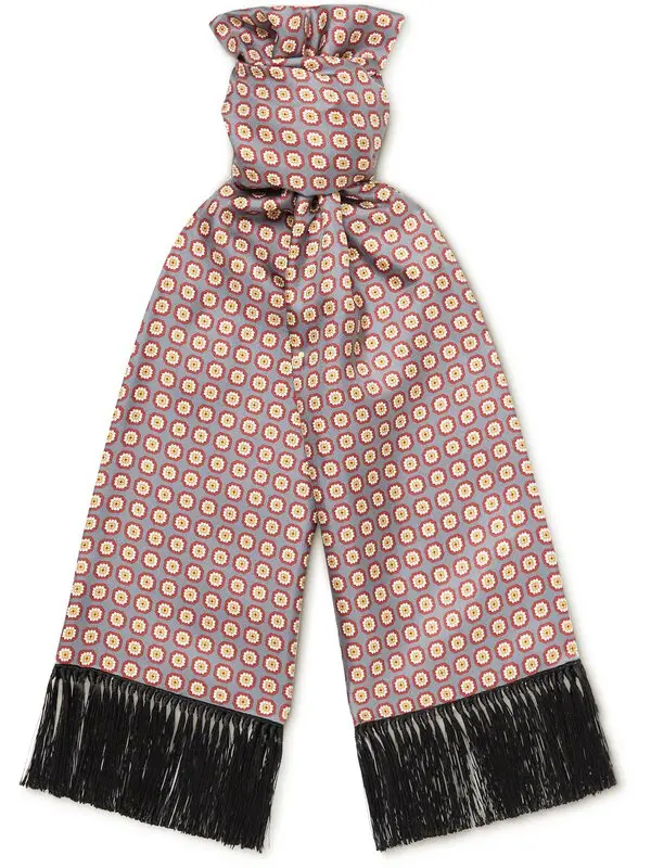 SULKA Fringed Printed Silk-twill Scarf