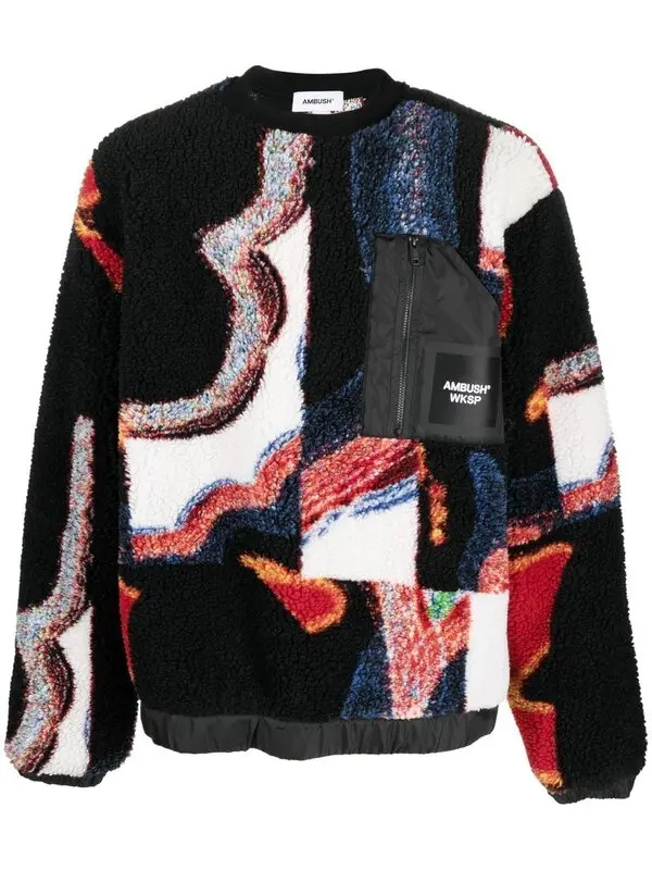 AMBUSH Abstract-print Faux-shearling Sweatshirt - Black