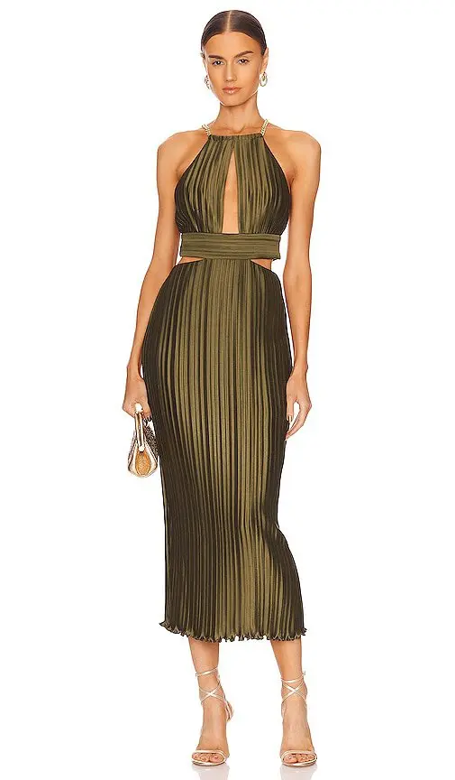 Aiifos Valerie Pleated Midi Dress With Gold Chain Straps In Army Green -  52% Off | Editorialist