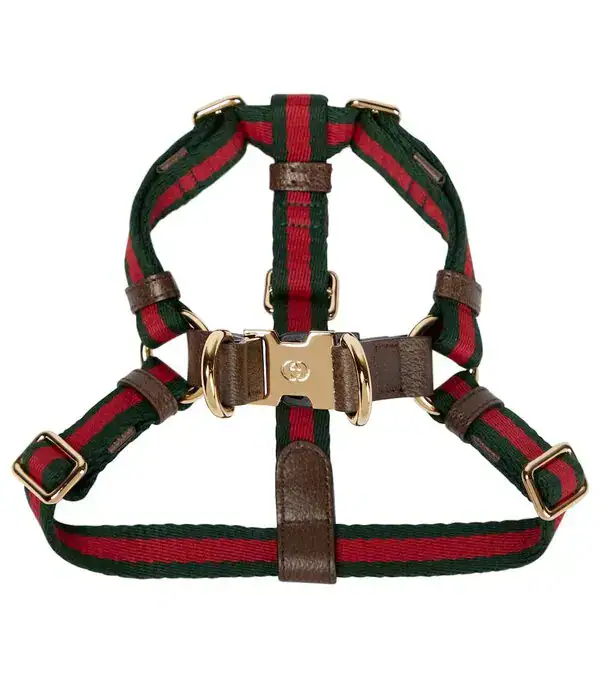 Gucci Tan Leather Harness with Green and Red Stripes Gucci - Web Stripe L/XL faux leather dog harness Gucci main image 4
