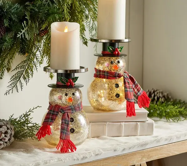VALERIE PARR HILL As Is Set Of 2 Lit Mercury Glass Snowmen Pedestals