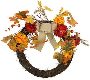 NORTHLIGHT Fall Leaf And Mum Flower Thanksgivin G Twig Wreath